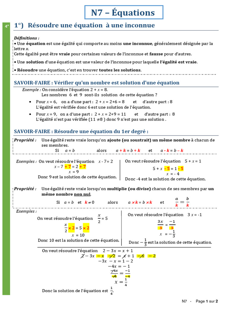 Résoudre des équations à une inconnue | PDF | Équations | Mathématiques