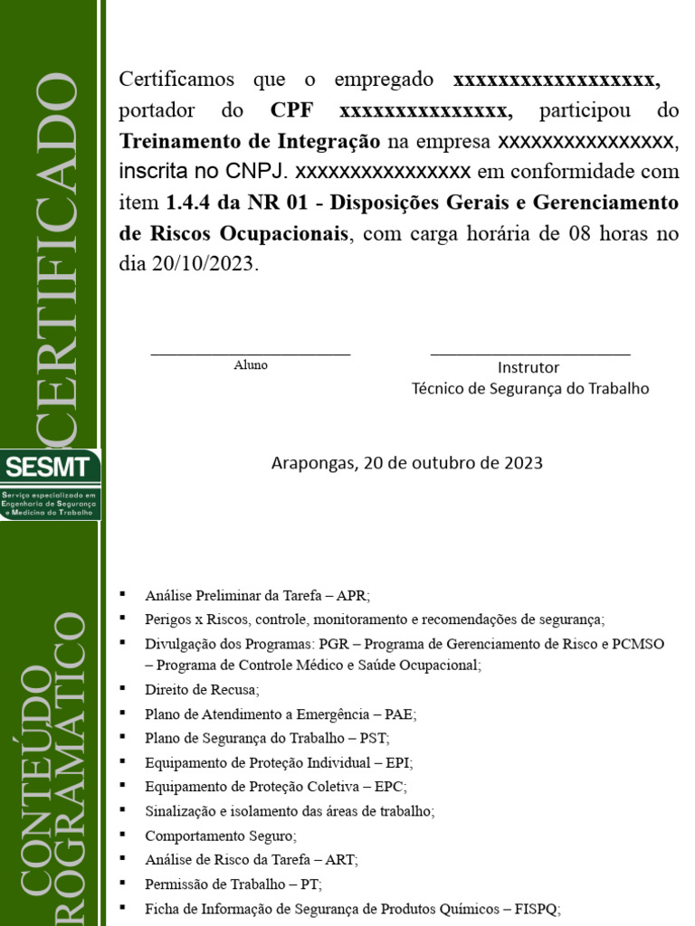 Certificado NR 01 - MODELO | PDF
