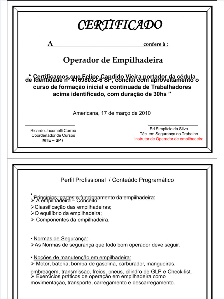 Dokumen - Tips Certificado de Operador de Empilhadeira | PDF | Empilhadeira | Engenharia de ...