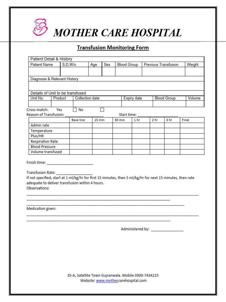 Transfusion Monitoring Form | PDF