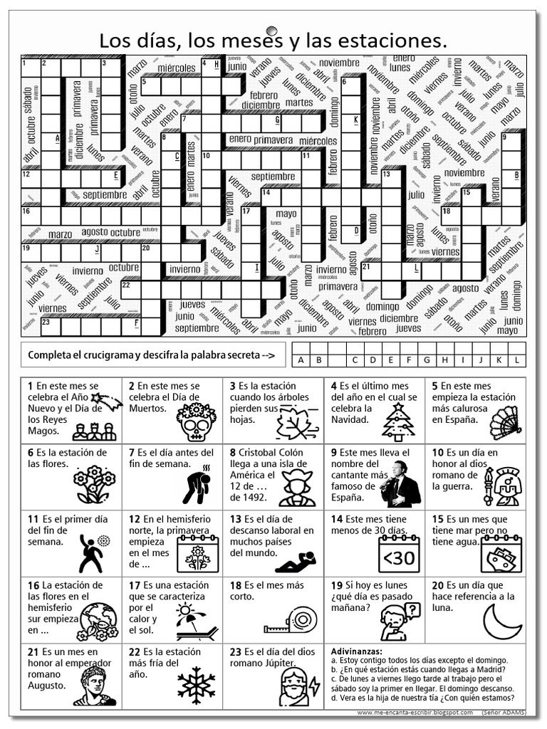Crucigrama Dias Meses Estaciones BW Fiche Eleve WoR19r | PDF