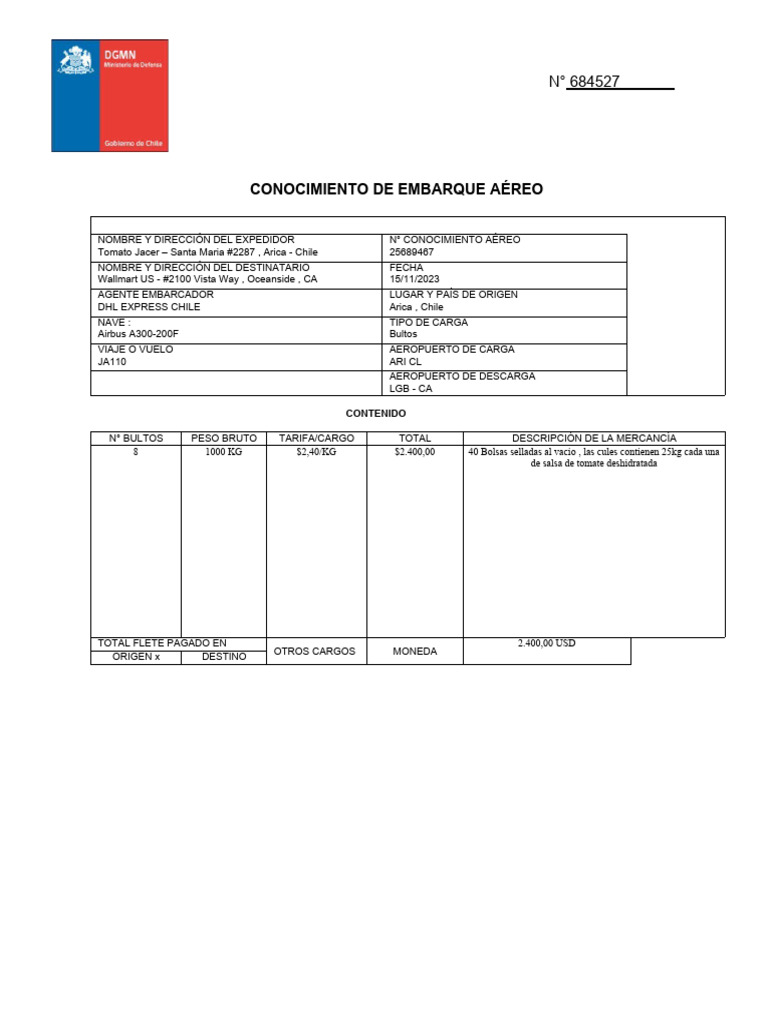 Conocimiento de Embarque Aéreo N° 684527 | PDF