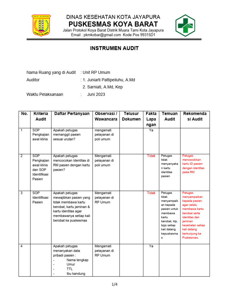 INSTRUMEN AUDIT Identifikasi Pasien RP Umum Pengkajian Awal | PDF