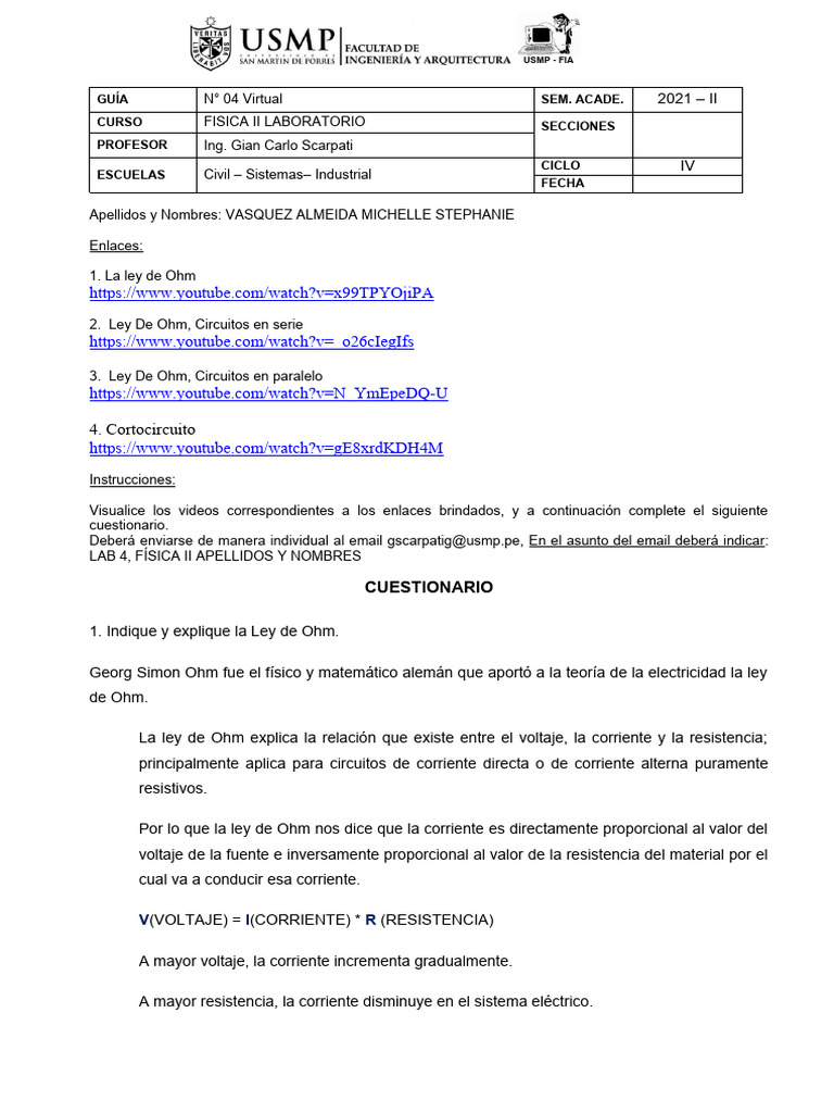 Laboratorio 4 Ley de Ohm - Vasquez Almeida Michelle | Descargar gratis ...