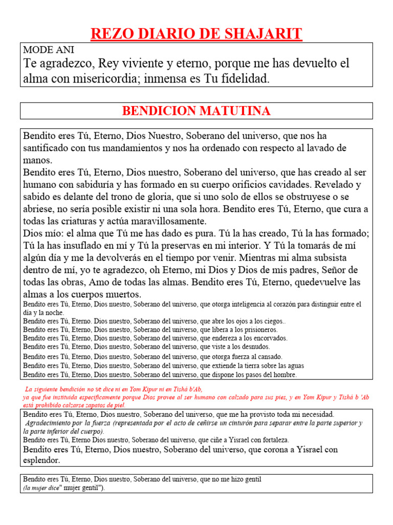 Rezo Diario de Shajarit - Completo - Solo Oracion | Descargar gratis PDF | Oración | Dios