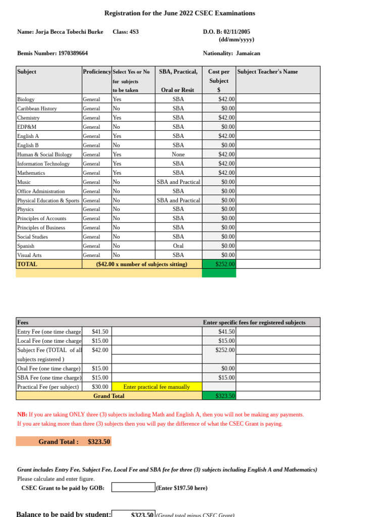 Final 2023 CSEC Registration Form .xlsx - Google Sheets | PDF