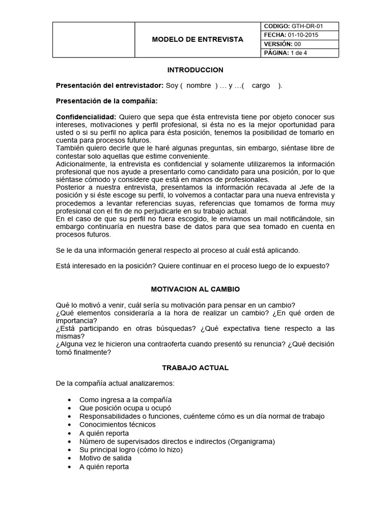 GTH-DR-01 Modelo de Entrevista | PDF | Información