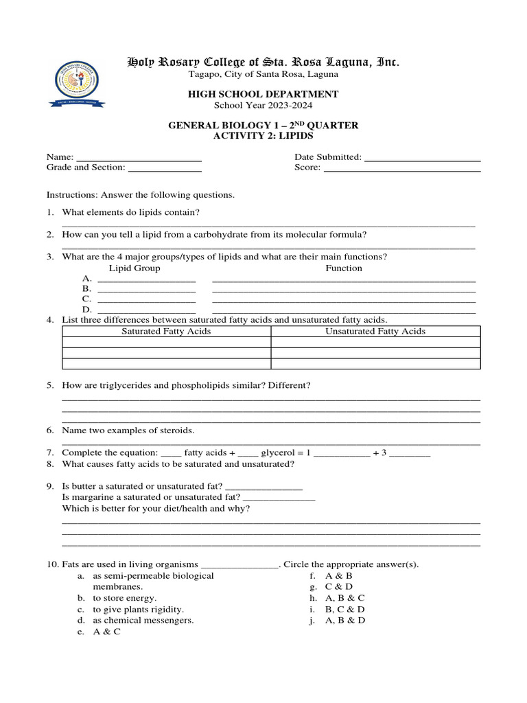 (WORKSHEET) General Biology 1 2nd Quarter Activity 2 - Lipids | PDF ...