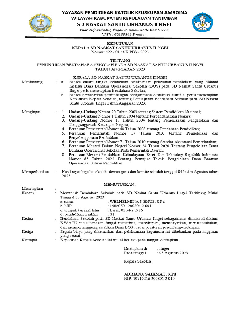 SK Bendahara Sekolah SD 2023 | PDF