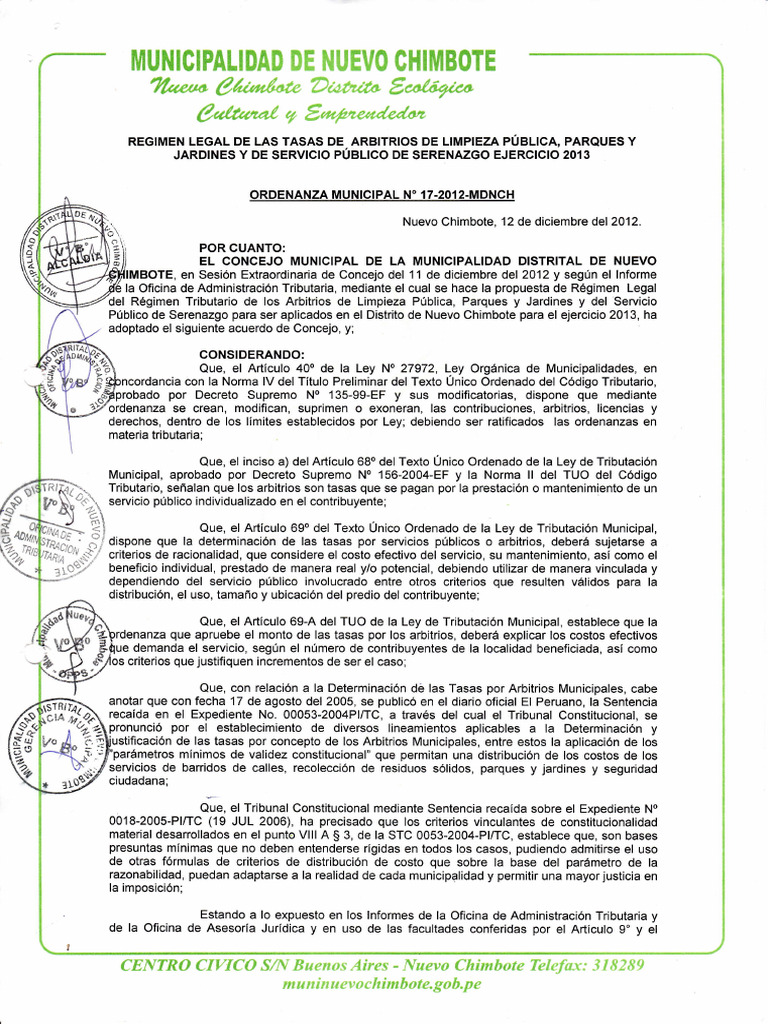 Ordenanza Municipal 017-2012-MDNCH | PDF