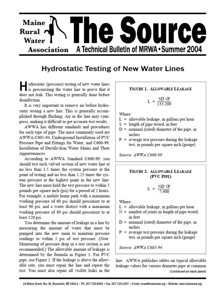 MRWA Hydrostatic Pressure Testing 6-04 | PDF | Leak | Pipe (Fluid ...