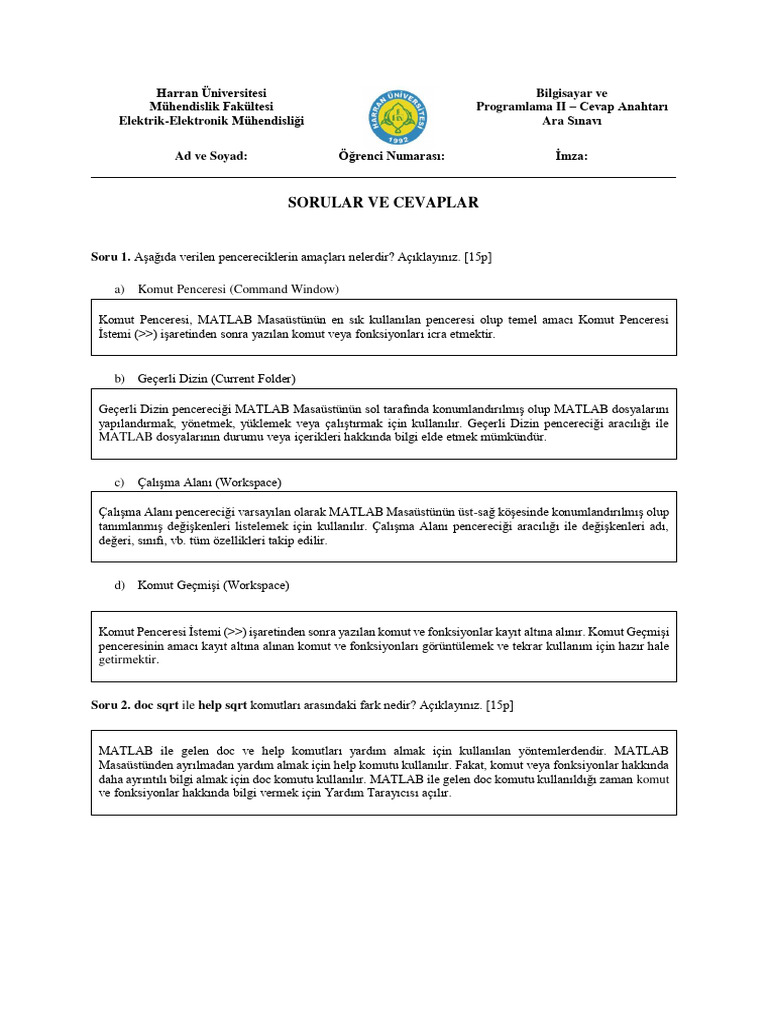 Bilgisayar Ve Programlama II - Ara Sınav | PDF