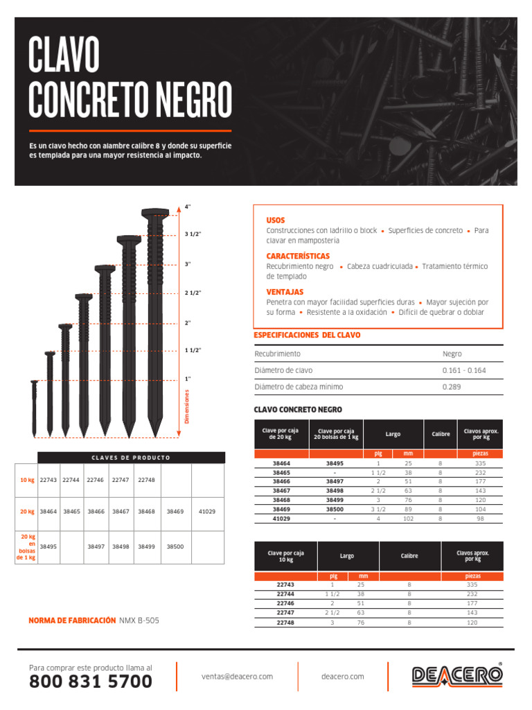 Clavo Concreto Negro Deacero Ficha Tecnica | PDF | Materiales de construcción | Materiales