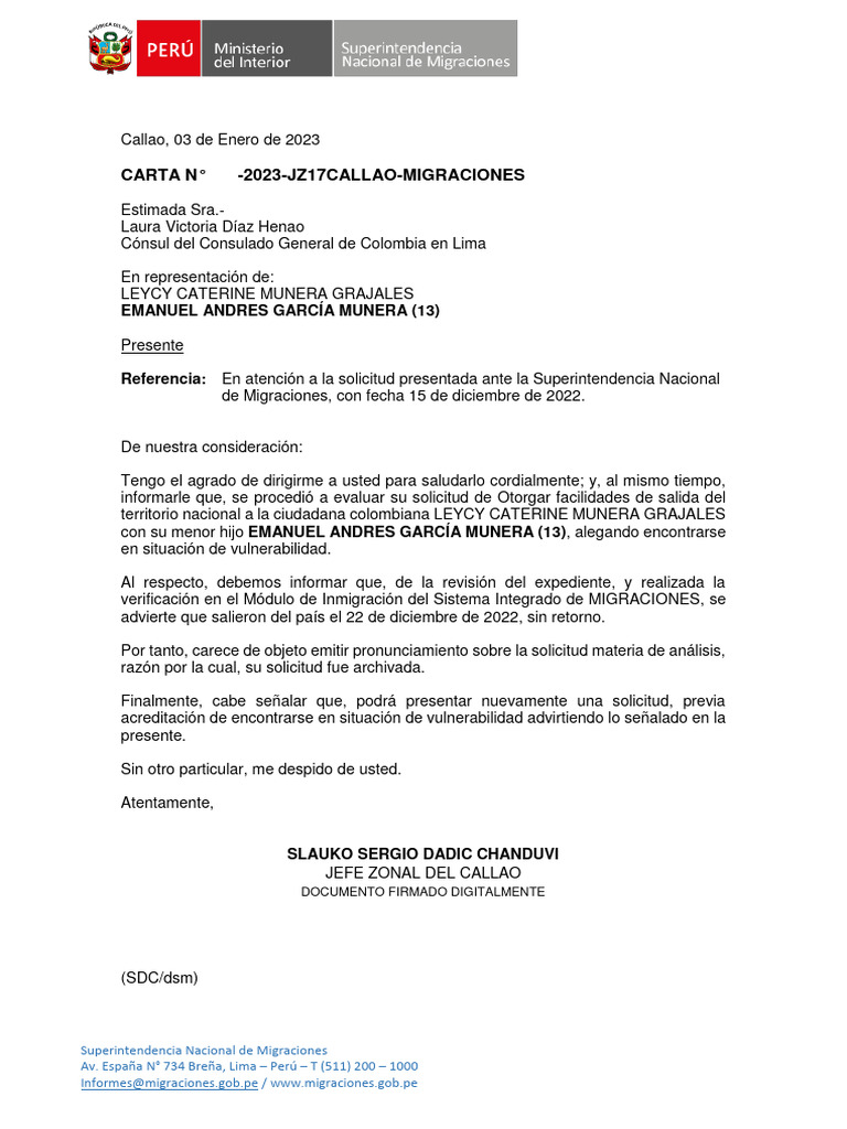 Carta R73 2023 Jz17callao Migraciones | PDF | Derecho