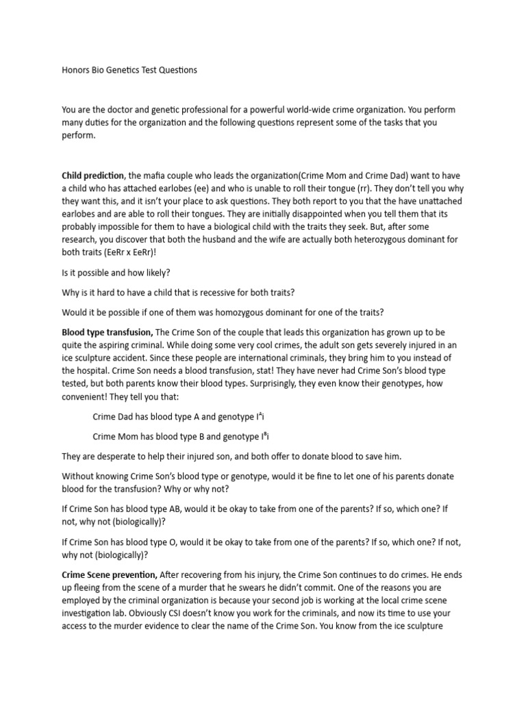 Honors Bio Genetics Test Questions | PDF | Blood Type | Zygosity