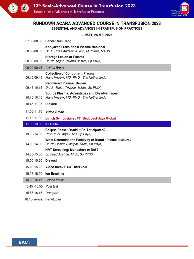 Transfusion Course Agenda 2023 | PDF