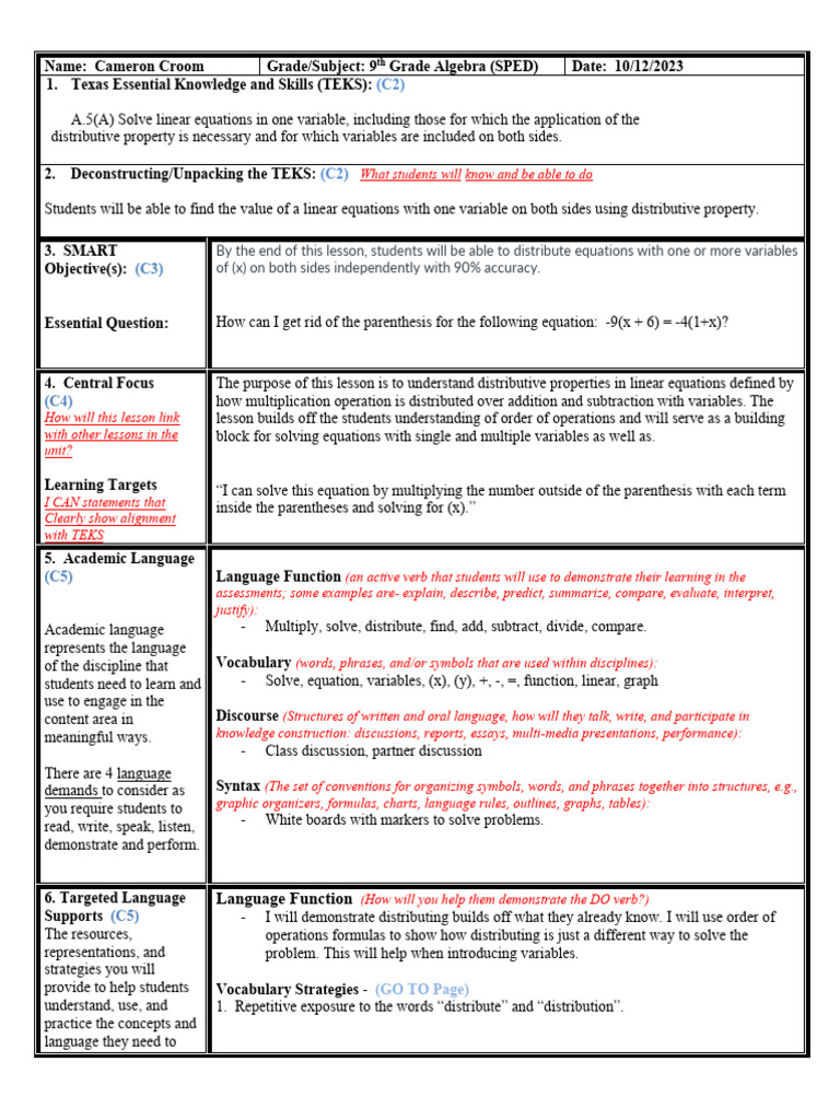 Edtpa Lesson Plan Guide LPG | PDF | Equations | Reading Comprehension