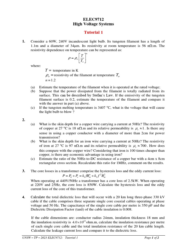 Elec9712-23 - Tutorial 1 | PDF | Incandescent Light Bulb | Transformer
