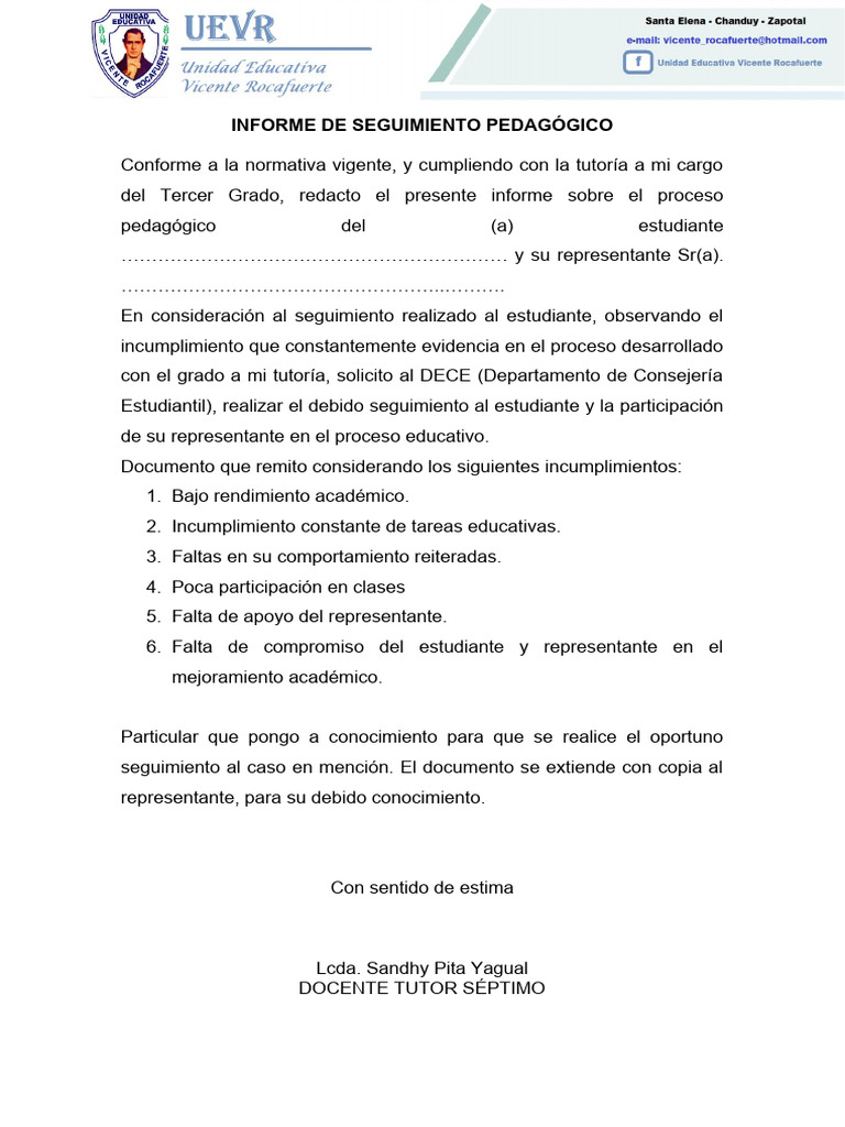 Informe de Seguimiento Pedagógico | PDF