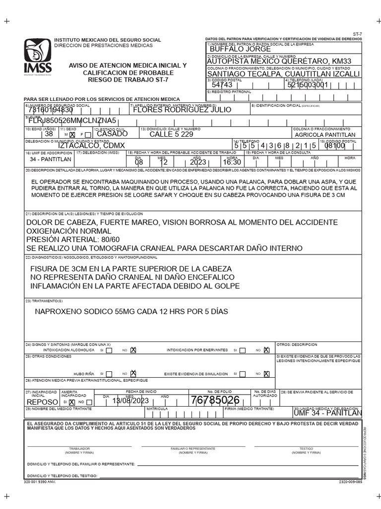 Formato St7 Lleno | PDF | Ciencias de la Salud | Enfermedades y trastornos