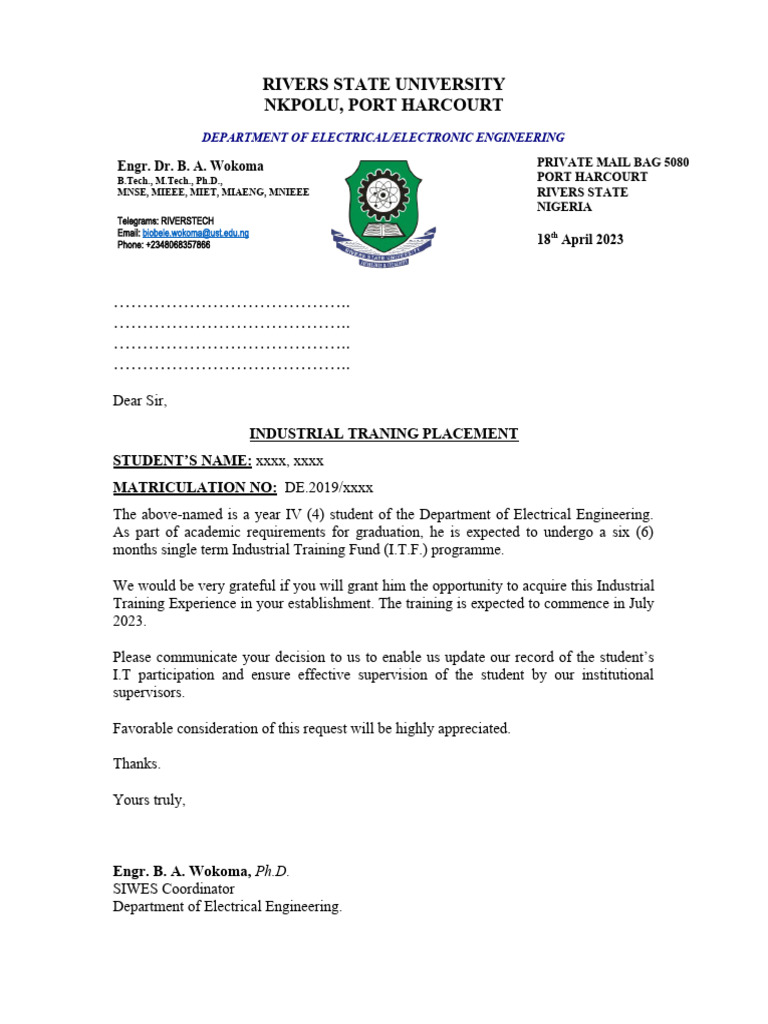 SIWES Placement Letter | PDF