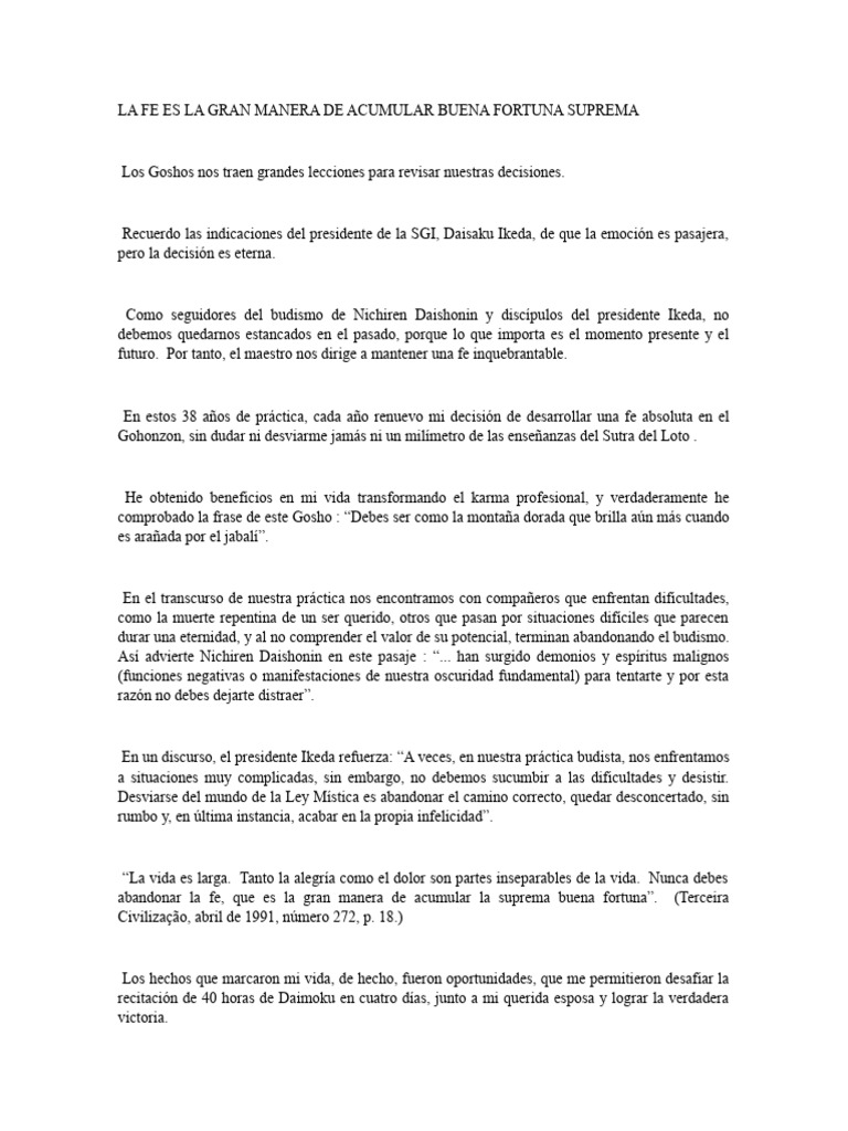 La Fe Es La Gran Manera de Acumular Buena Fortuna Suprema | Descargar gratis PDF | Nichiren ...