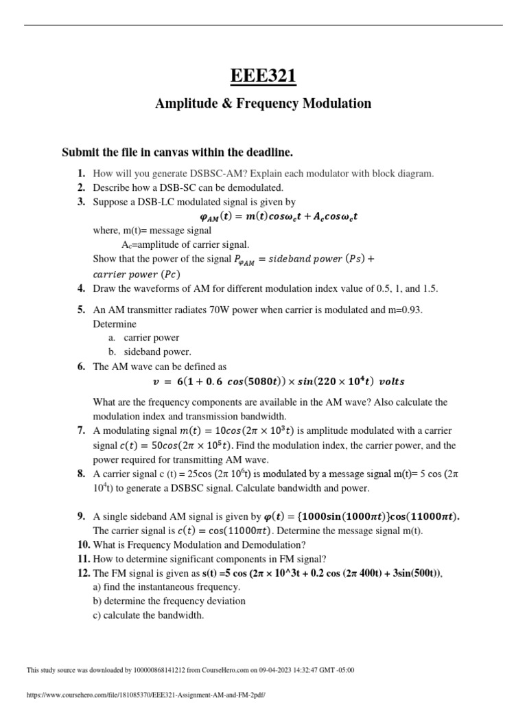 EEE321 Assignment AM and FM 2 PDF | PDF | Frequency Modulation | Modulation