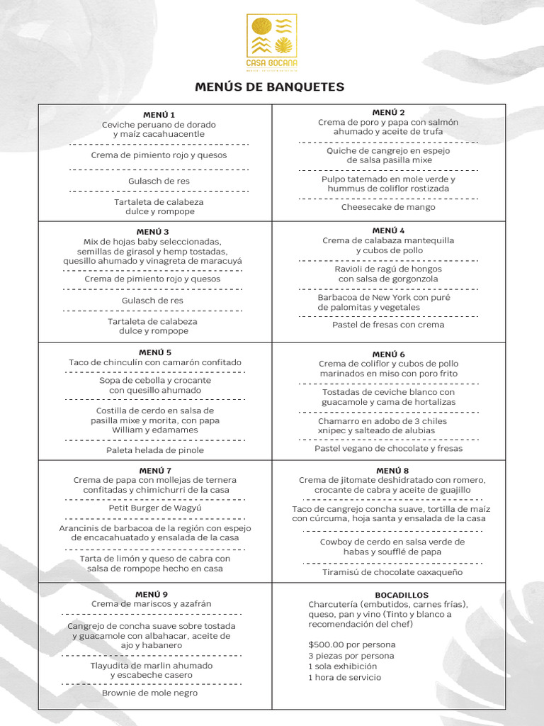 Menu Banquetes Casa Bocana | PDF | ensalada | Comida y bebida