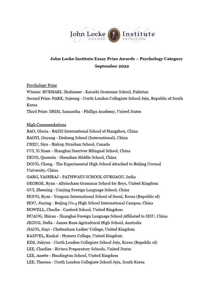 Psychology John Locke Institute Essay Prize Awards - Ella Zhou周美善 | PDF ...