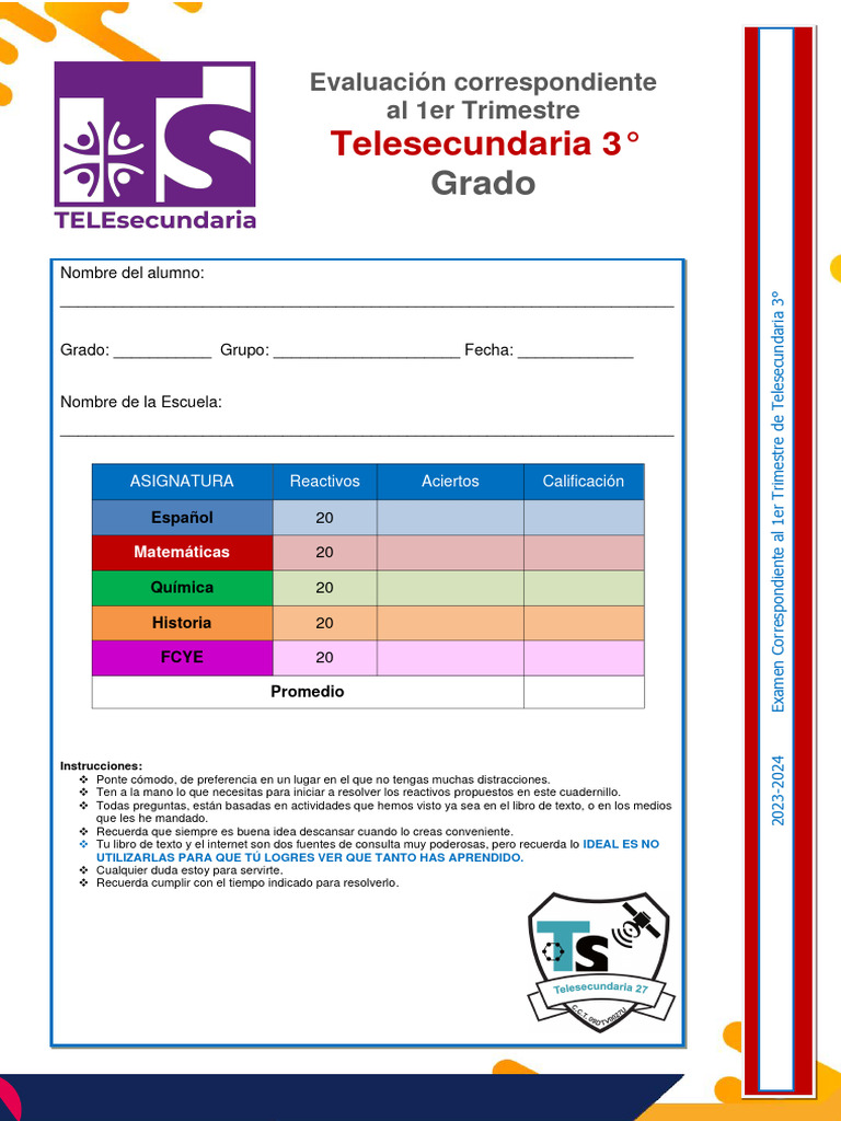Exámen 1er Trimestre 3° Telesecundaria - para Contestar | PDF | México ...