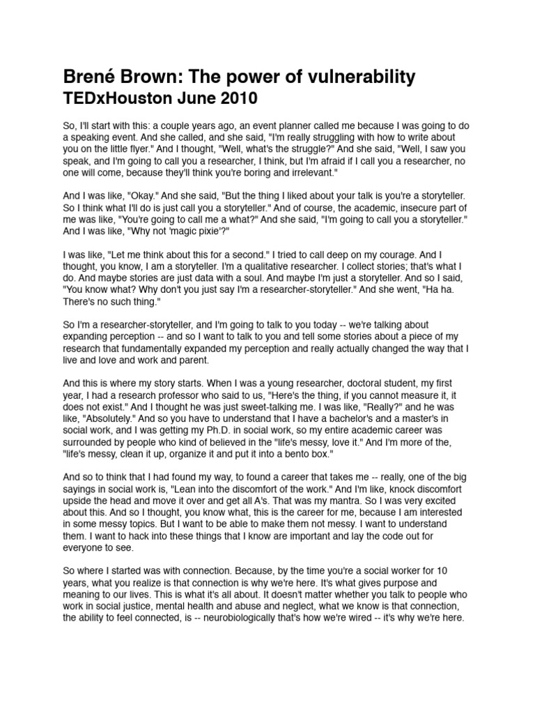 tedtalk_Brené-Brown-The-power-of-vulnerability | PDF | Shame | Courage