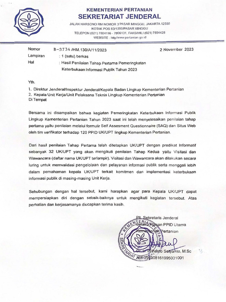 Surat Plt. Sekjen - Hasil Penilaian Tahap Pertama | PDF