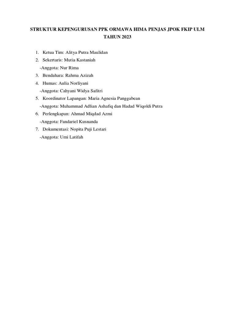 Struktur Kepengurusan PPK Ormawa Hima Penjas Jpok Fkip Ulm Tahun 2024 | PDF