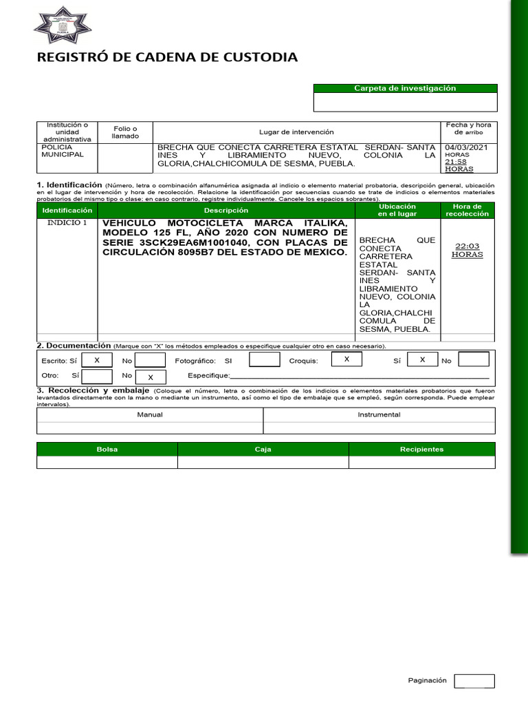 Ejemplo De Cadena De Custodia Vehicular Pdf