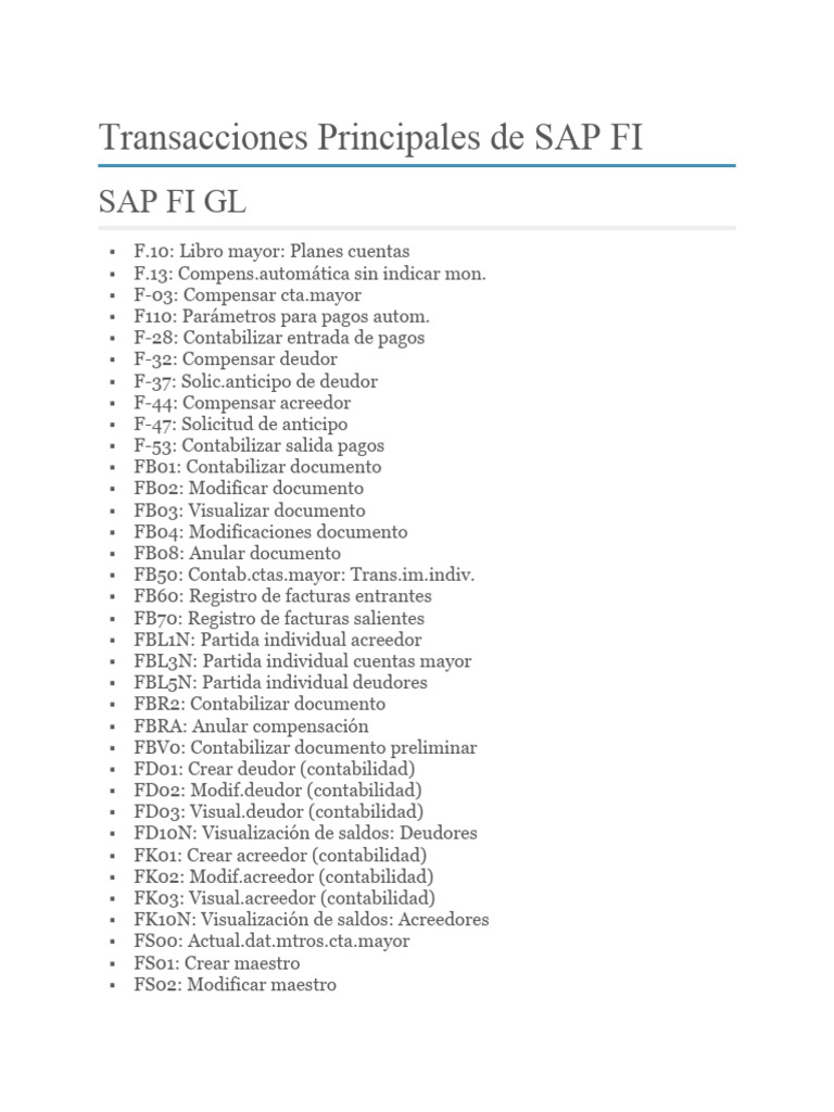 Transacciones Clave en SAP FI | PDF | Contabilidad | Negocios económicos