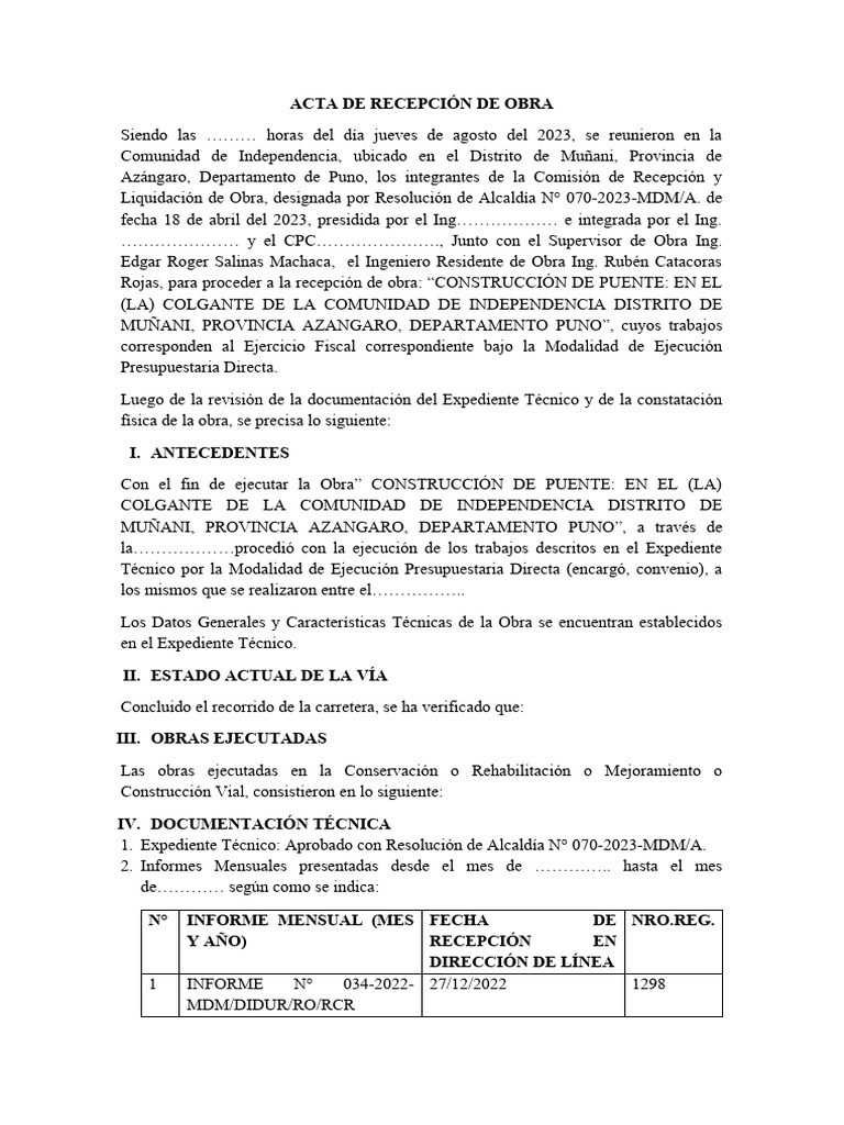 ACTA DE RECEPCIÓN DE OBRA | PDF