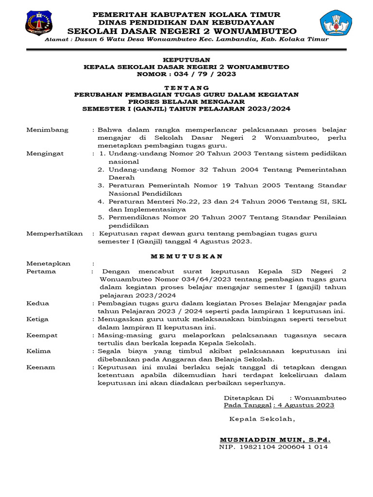 6 SK PEMBAGIAN TUGAS SEMESTER Ganjil 2023 2024 | PDF