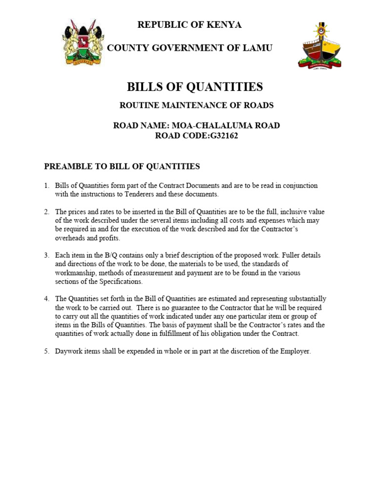 Bill of Quantities for Road Maintenance | PDF | Drainage | Concrete