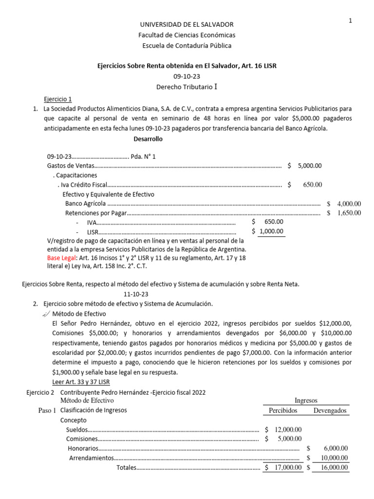 Ejercicio y Desarrollo Sobre Renta Obtenida en El Salv 17102023 | PDF | Impuesto sobre la renta ...