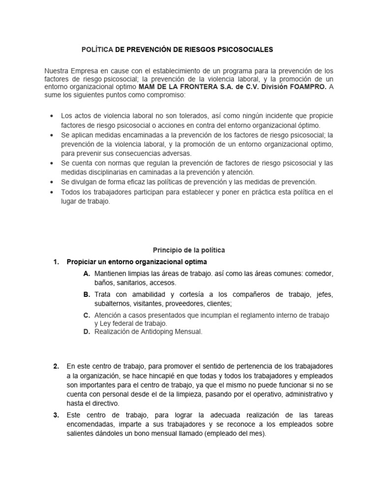 Política Nom-035-Stps-2018 Foampro | PDF