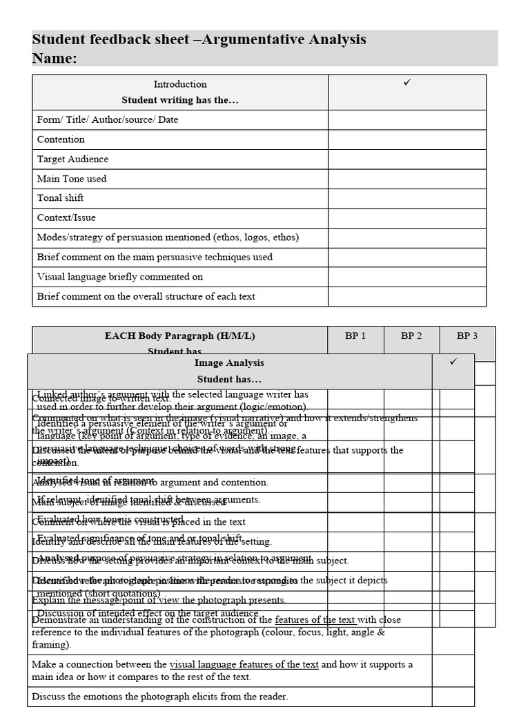 Argument Analysis Feedback Checklist 2023 Pdf Persuasion Argument