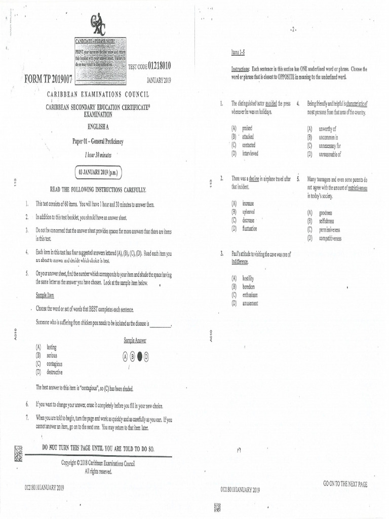 CSEC English A Jan 2019 P1 | PDF