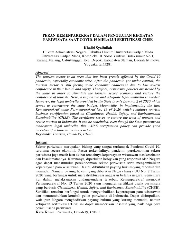 Peran Kemenparekraf dalam Sertifikasi CHSE | PDF