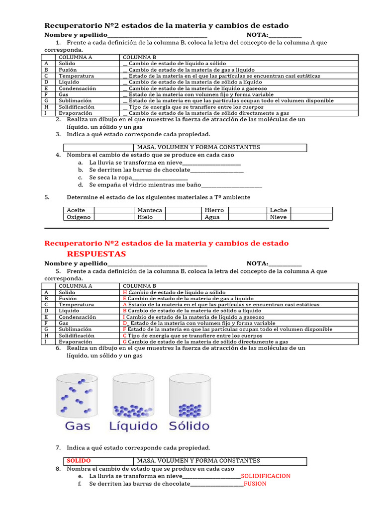 Recuperatorio Nº2 Estados de La Materia y Cambios de Estado ...