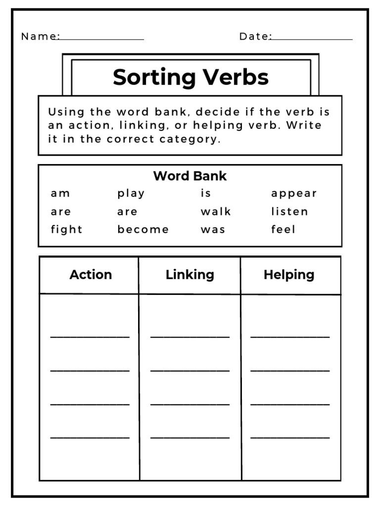 Black and White Simple Sorting Verbs Education Worksheet | PDF | Career ...