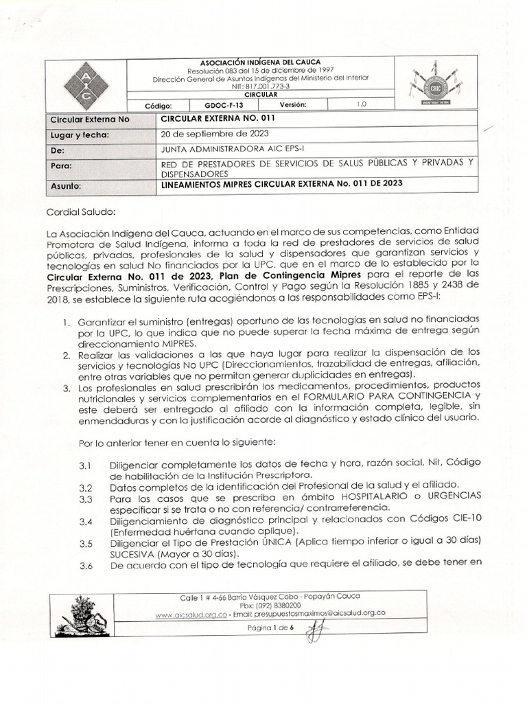 Circular Externa No. 011 - Mipres | PDF