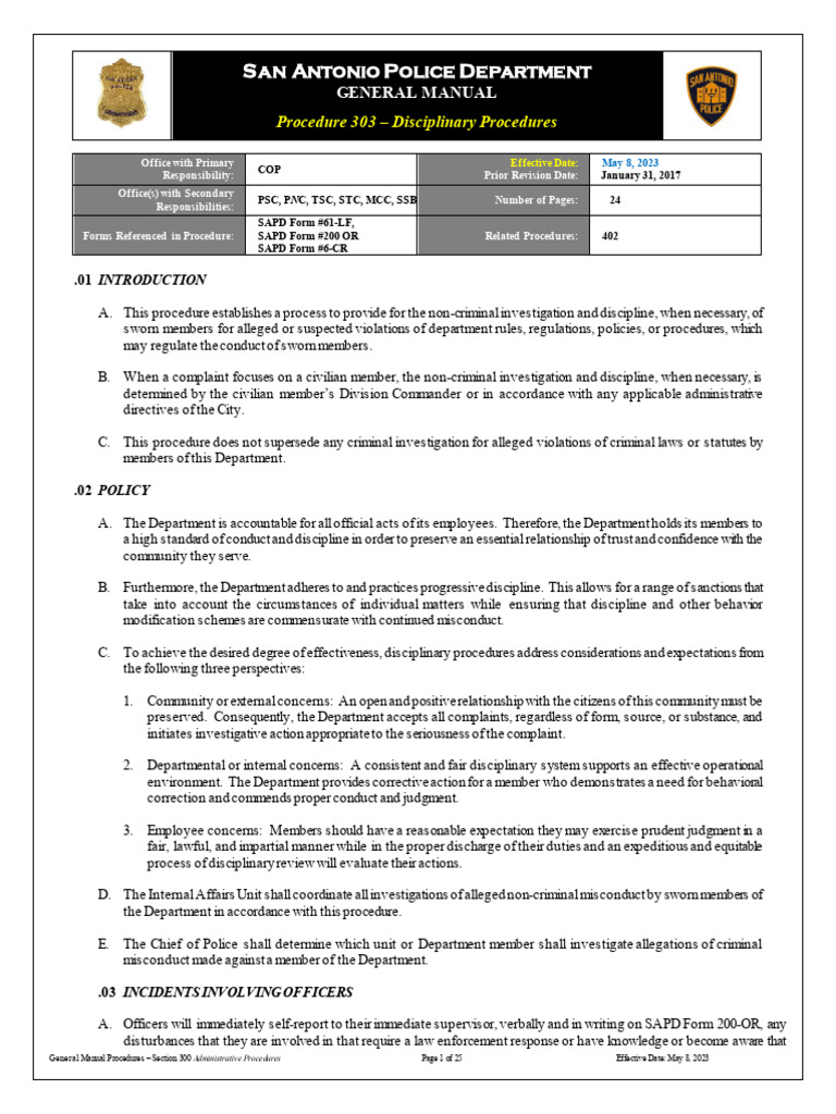 SAPD Disciplinary Procedures Overview | PDF | Complaint | Police