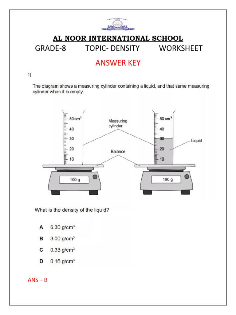 ANSWER KEY - DENSITY WORKSHEET (2021-22) | PDF