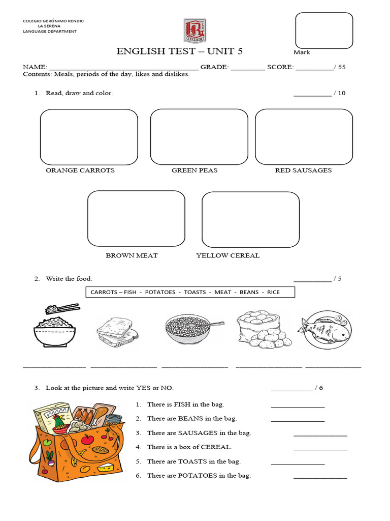 Prueba Unit 5 Meals | PDF | Meal | Lunch