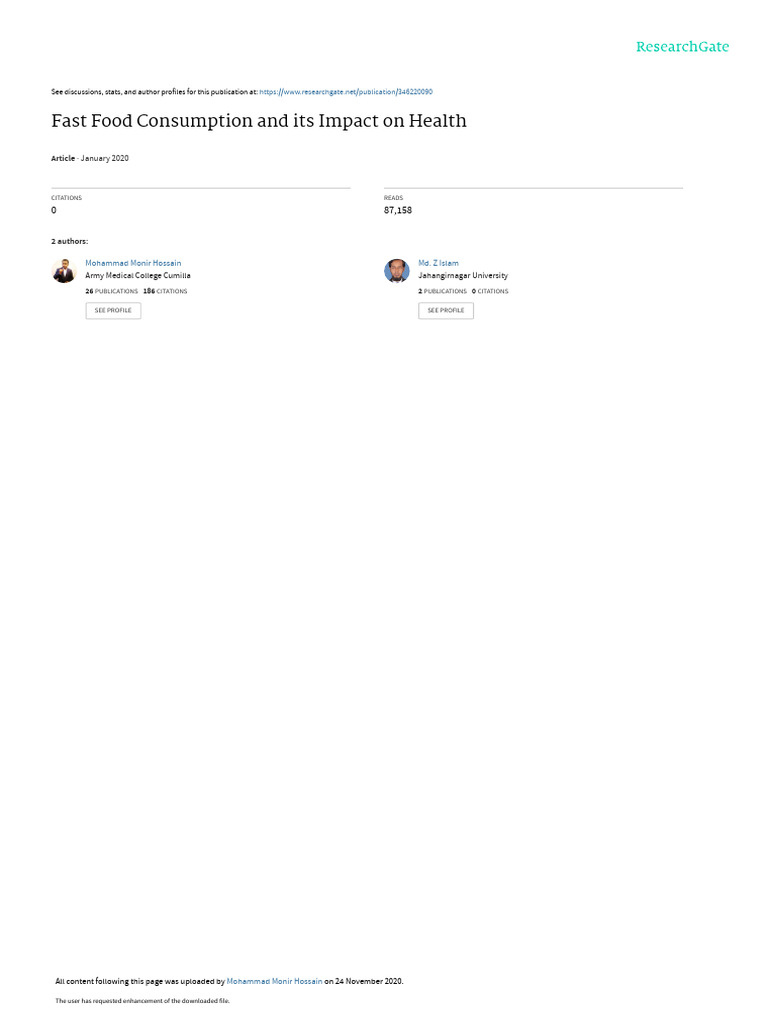 Fast Food Consumption and It's Impact On Health | PDF | Fast Food | Obesity